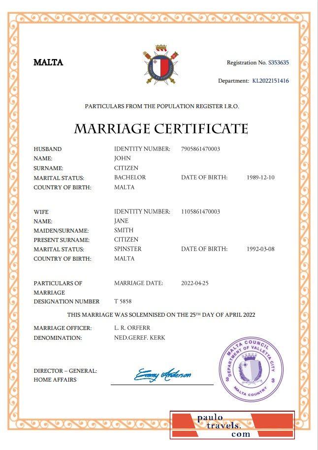Malta marriage certificate Word and PDF template