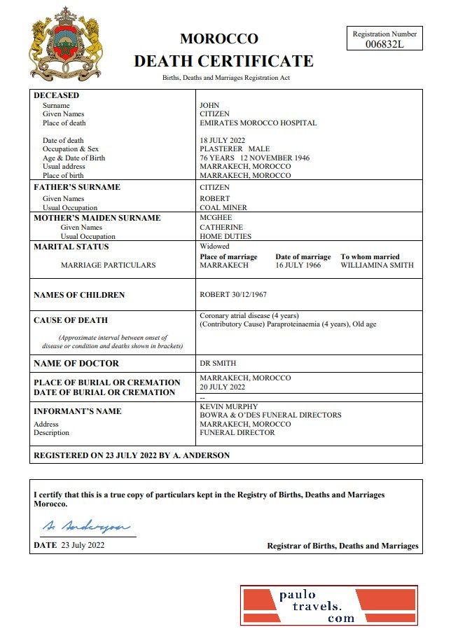 Morocco vital record death certificate Word and PDF template