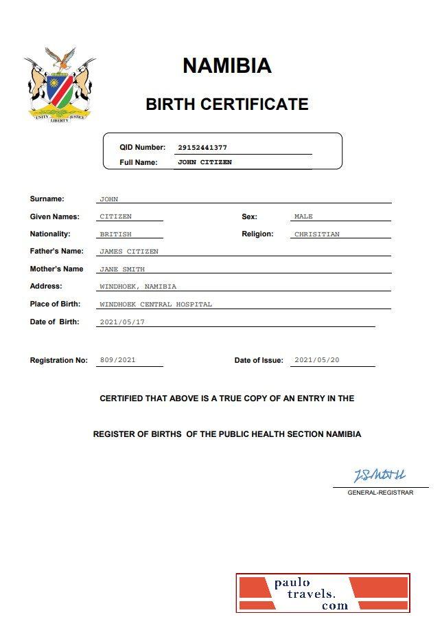 Namibia birth certificate Word and PDF template