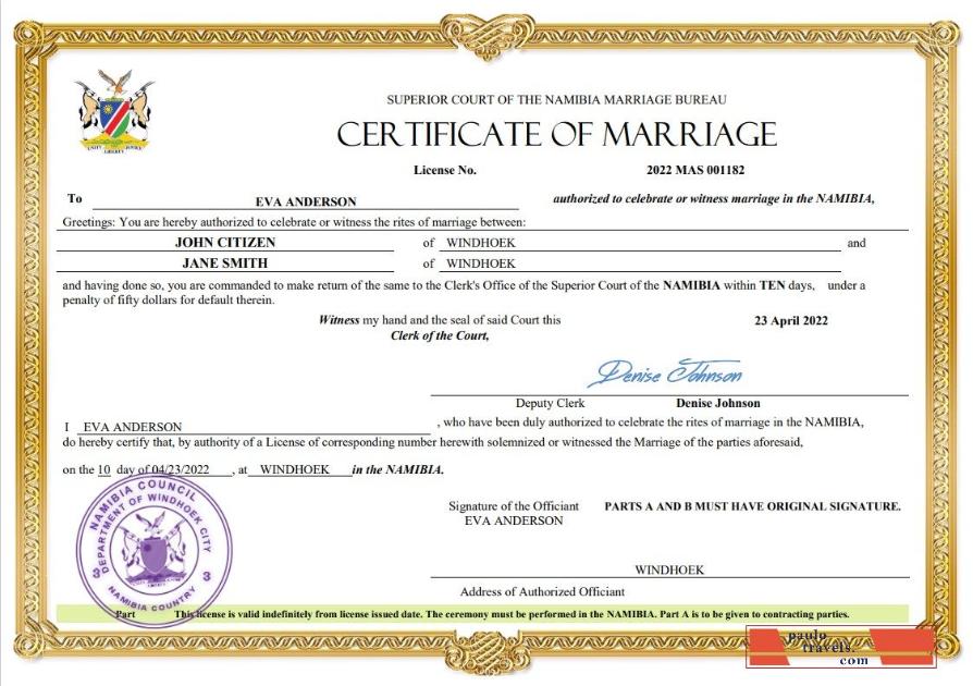 Namibia marriage certificate Word and PDF template
