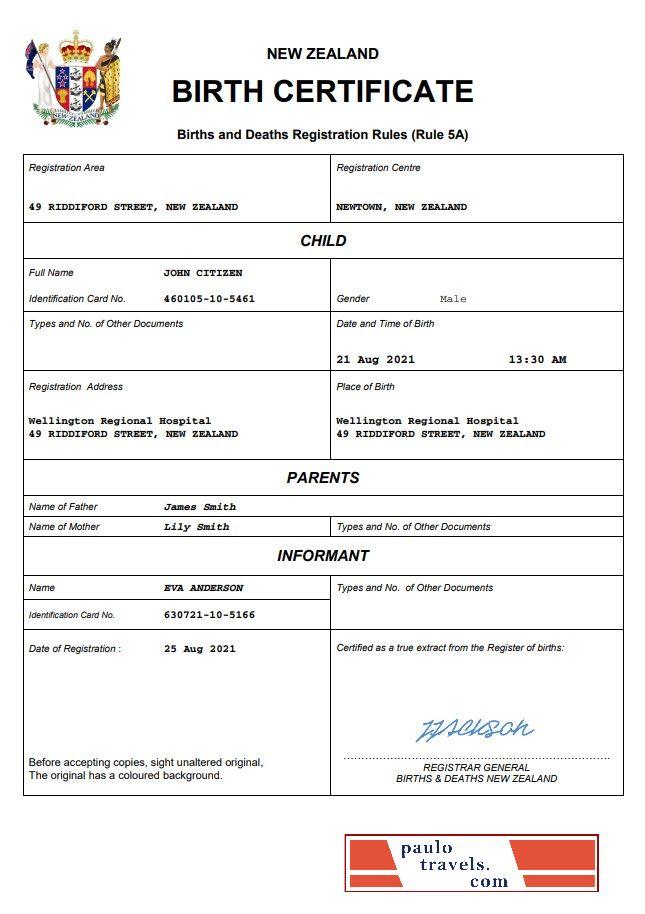 New Zealand birth certificate Word and PDF template