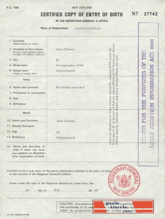 New Zealand birth certificate template in PSD format