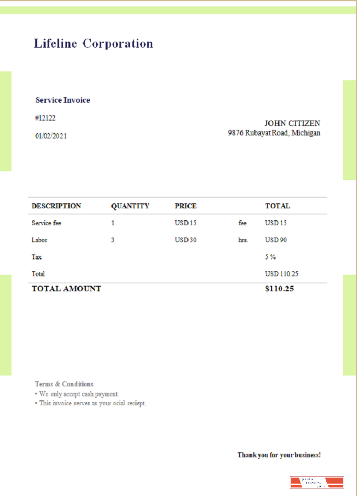 USA Lifeline Corporation invoice template in Word and PDF format, fully ...
