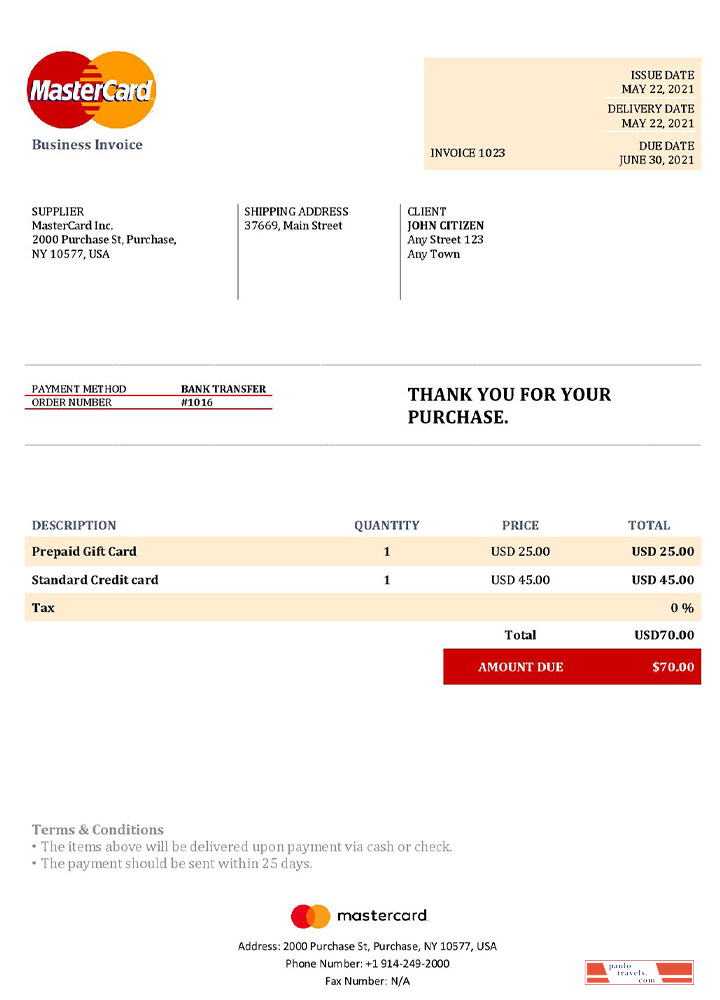 USA MasterCard invoice template PSD template