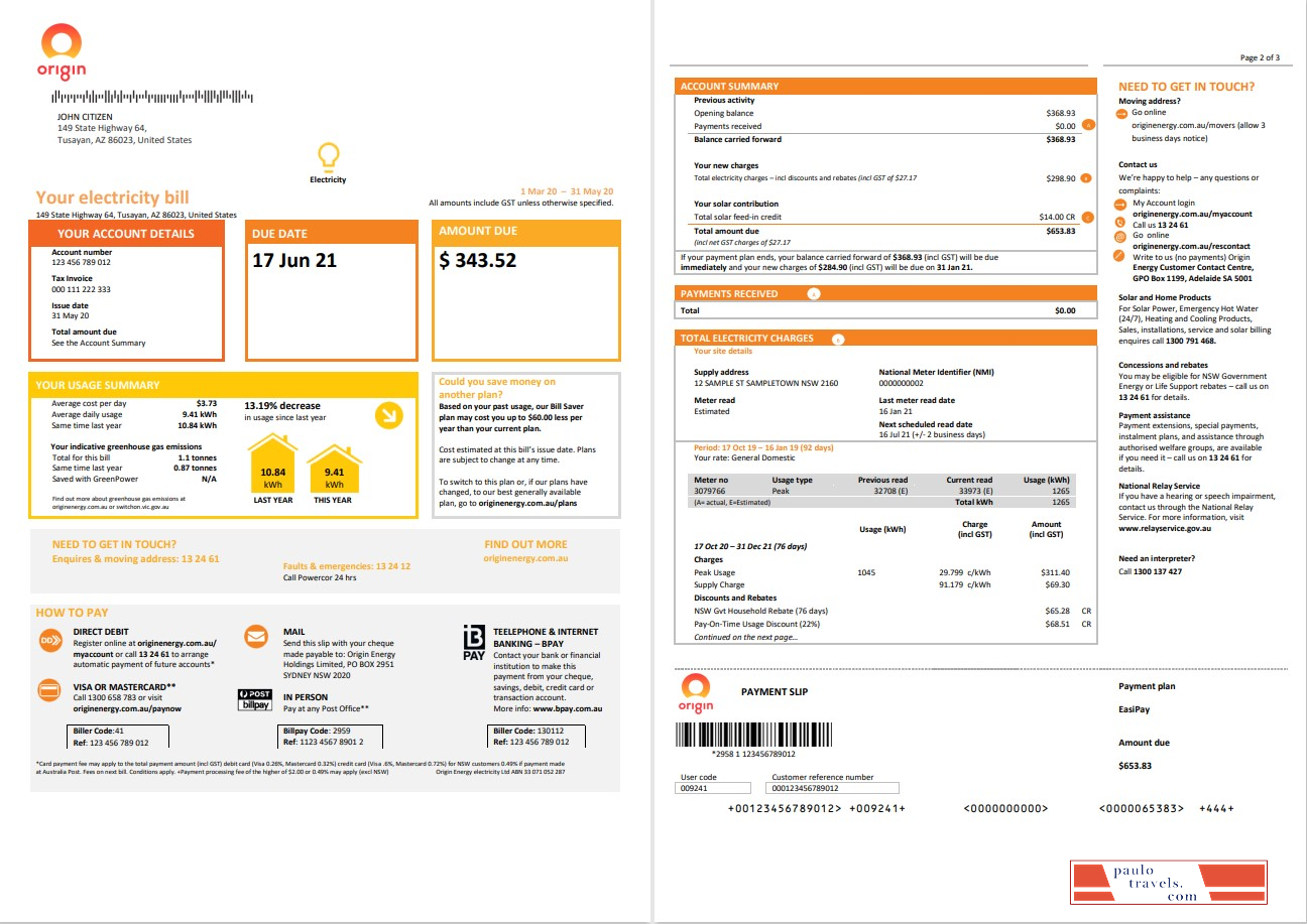 Australia New South Wales (NSW) Origin electricity utility bill ...
