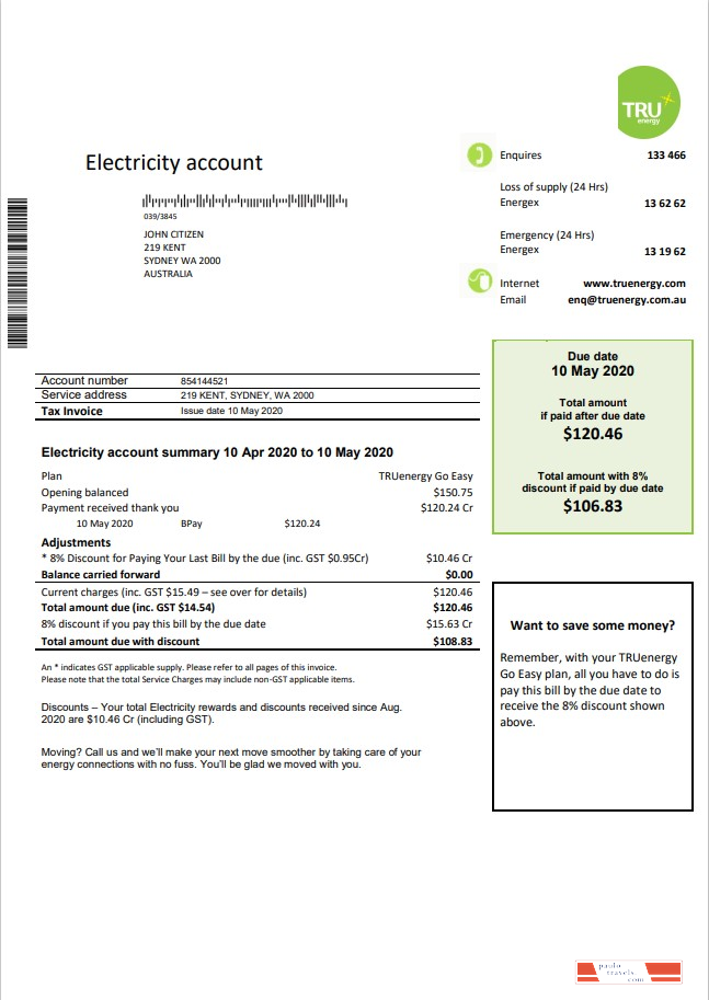 Australia Tru Energy electricity utility bill template in Word and PDF ...