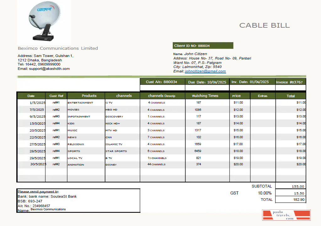Bangladesh Beximco Communications utility bill template in Word and PDF ...