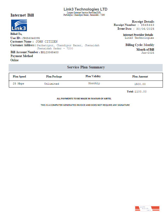 Bangladesh Link3 Technologies LTD utlity bill template in Word and PDF ...