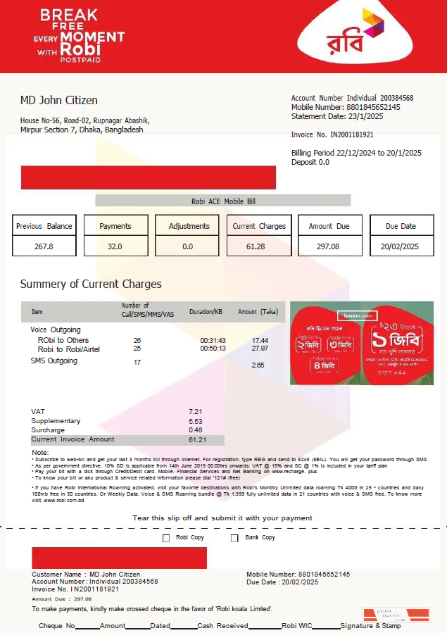 Bangladesh Robi Axiata Limited utility bill template in Word and PDF ...