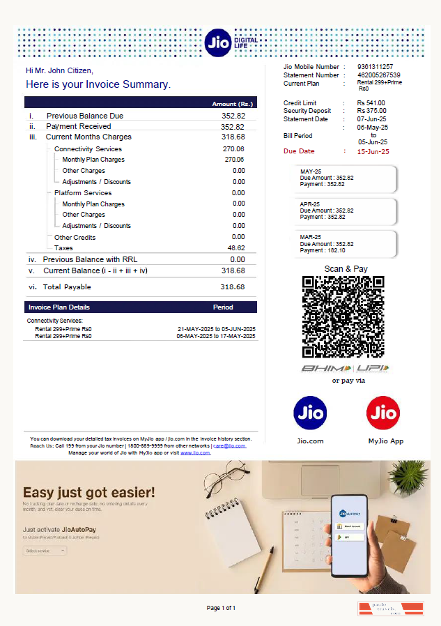 India Jio Digital Life utility bill template in Word and PDF formats ...