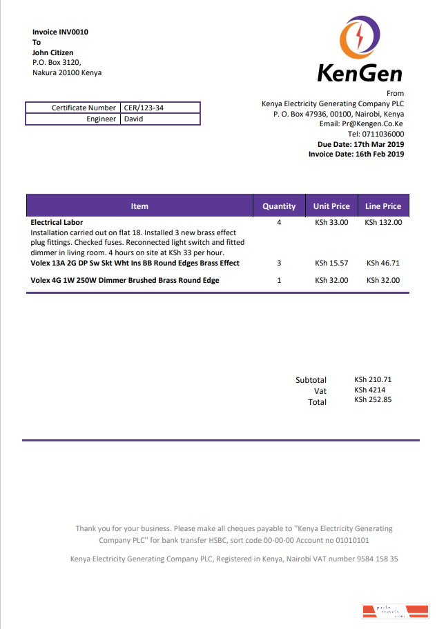 Kenya KenGen Electricity Generating Company utility bill template in ...