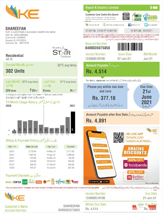 PAKISTAN K ELECTRIC LIMITED utility bill Word and PDF template