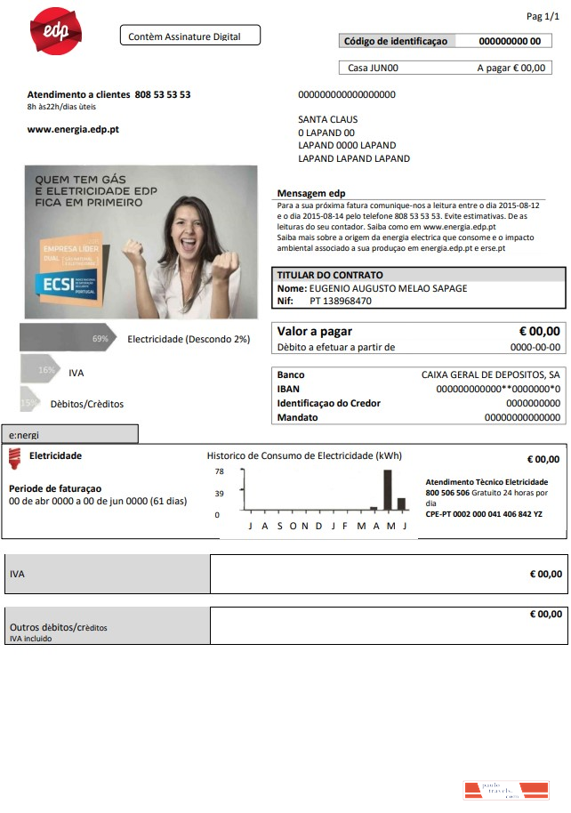 Portugal EDP electricity utility bill template in Word and PDF format