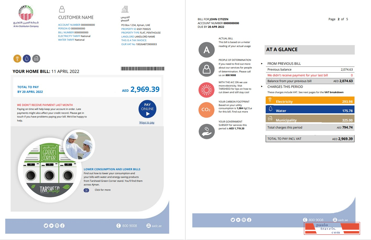UAE Ajman Al Ain Distribution Co. Word and PDF utility bill template (5 ...