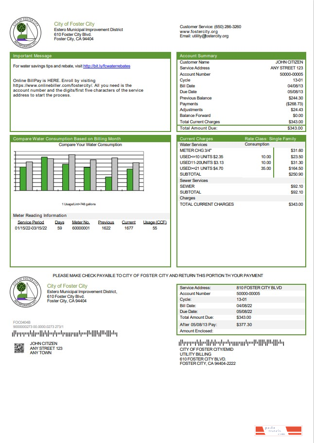 USA California City of Foster City utility bill template in Word and ...