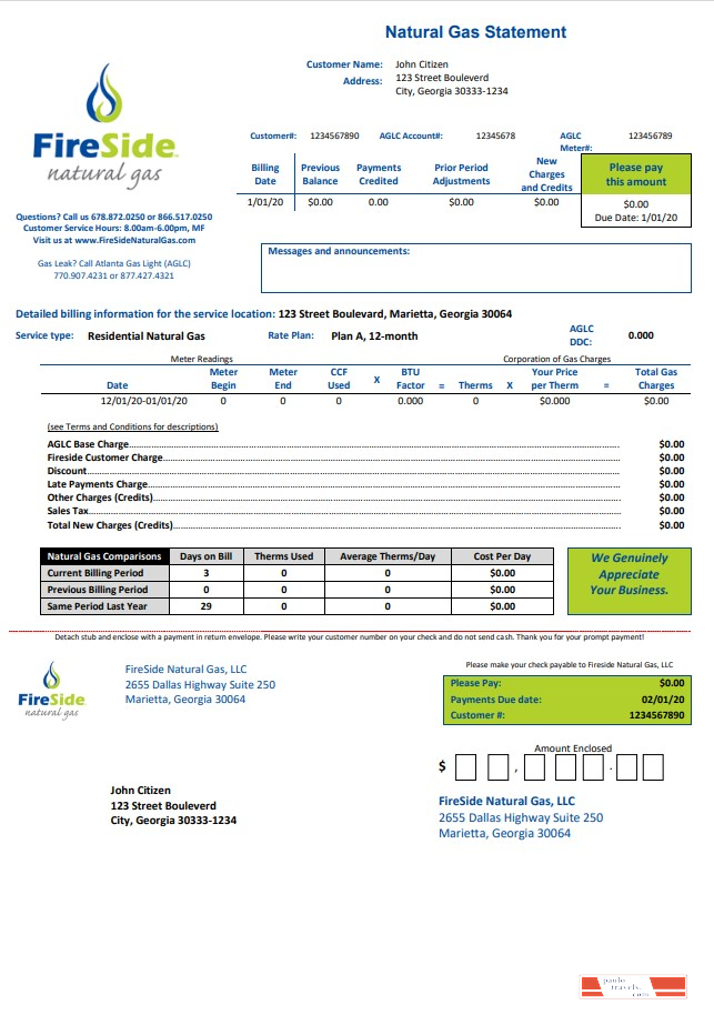 USA California FireSide natural gas utility bill template in Word and ...