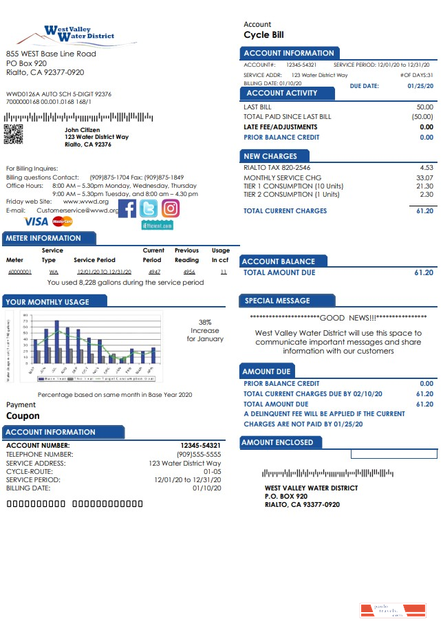 USA California West Valley Water District utility bill template in Word ...