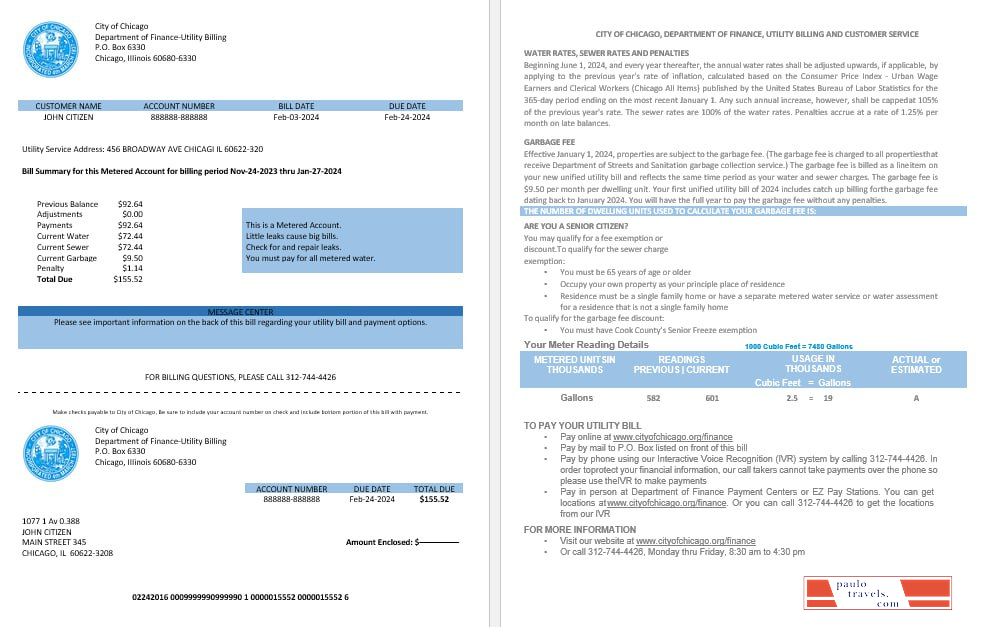 USA City of Chicago department of finance utility bill statement in ...