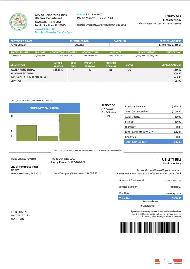 USA Florida City of Pembroke Pines Utilities Department utility bill ...