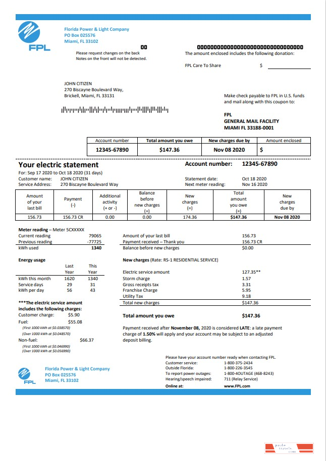 USA Florida Power & Light Company (FPL) electricity utility bill ...