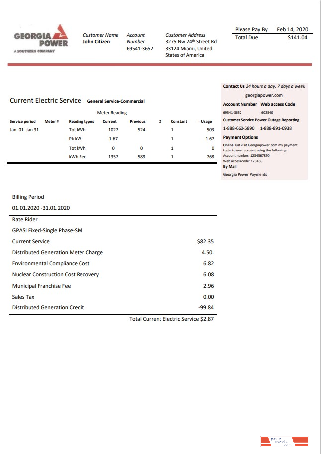 USA Georgia Power utility bill template in Word and PDF format, fully ...