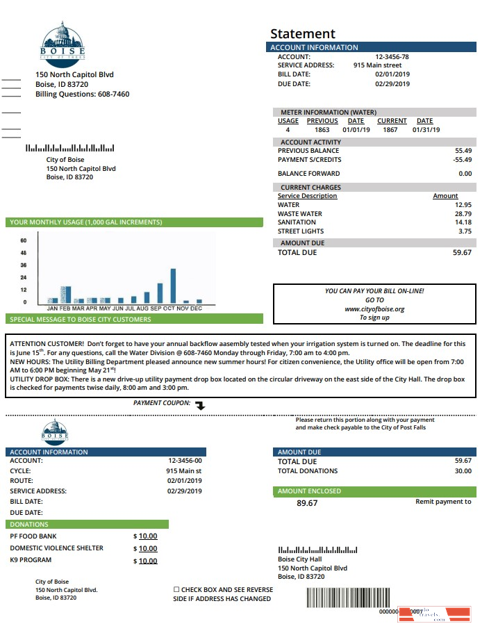 USA Idaho Boise City of Trees water utility bill template in Word and ...