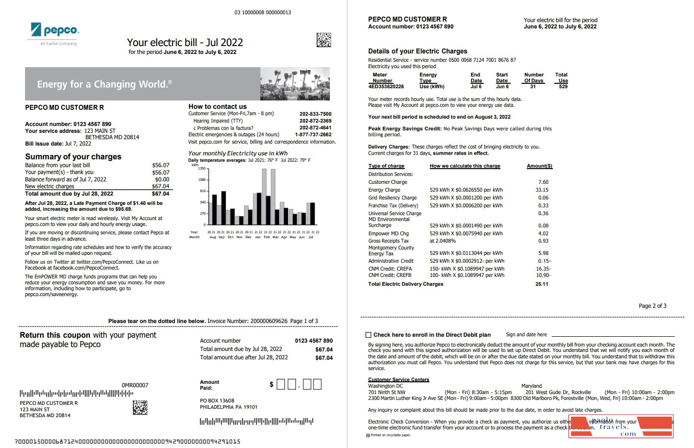 USA Maryland Pepco utility bill, Word and PDF template, 3 pages 1 2