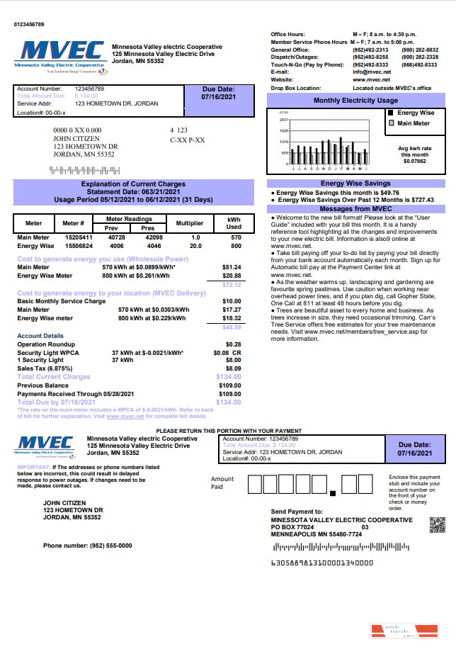 USA Minnesota Valley Electric Cooperative (MVEC) utility bill template ...