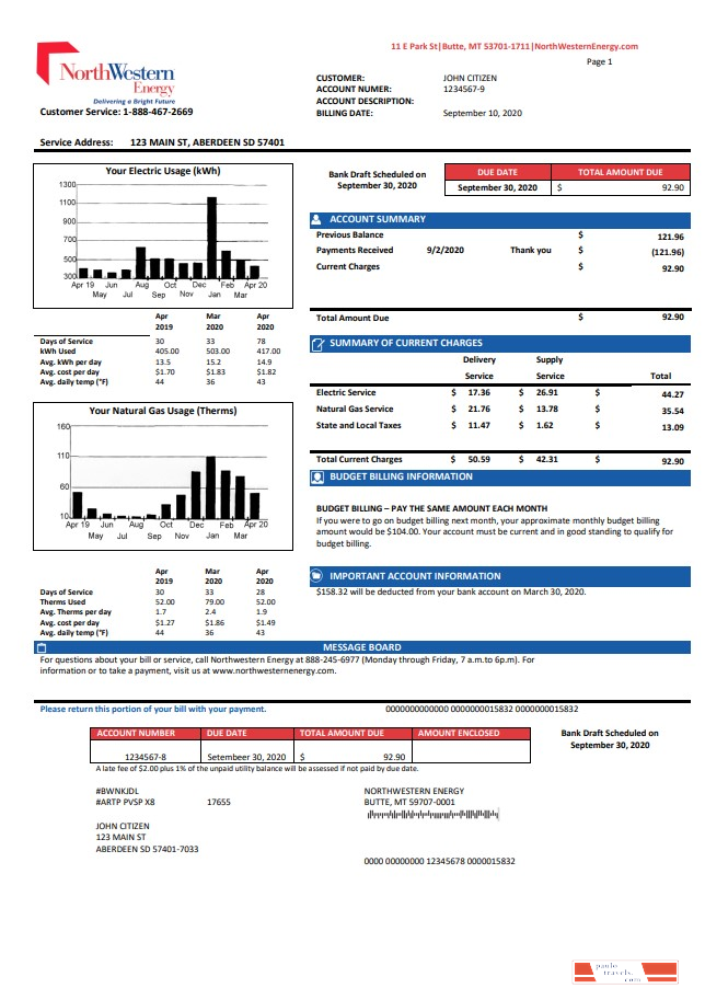 USA NorthWestern Energy utility bill template in Word and PDF format ...