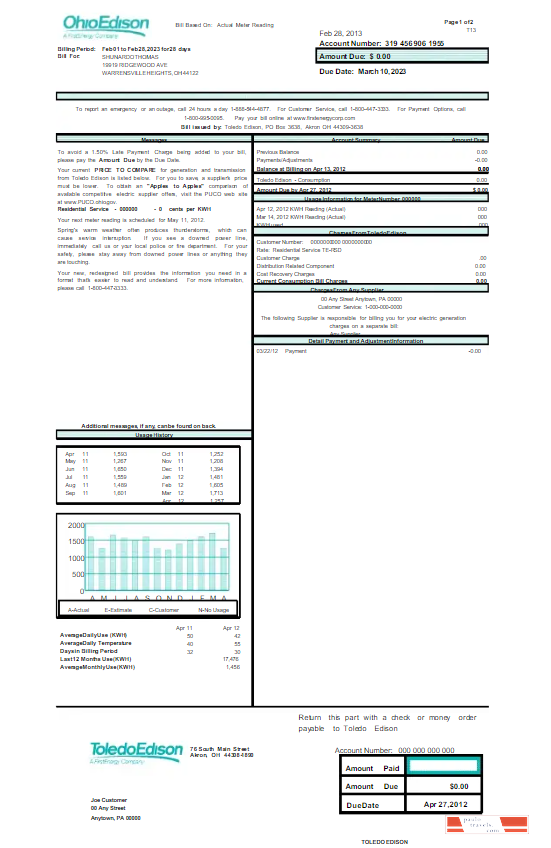 USA OHIO EDISON utility bill Word and PDF template