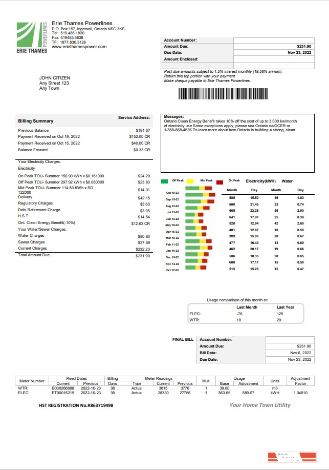USA Ontario Erie Thames utility bill template in Word and PDF format