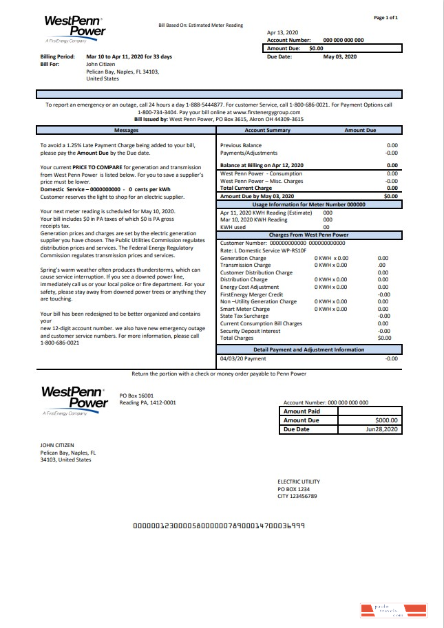 USA Pennsylvania West Penn Power utility bill template in Word and PDF ...