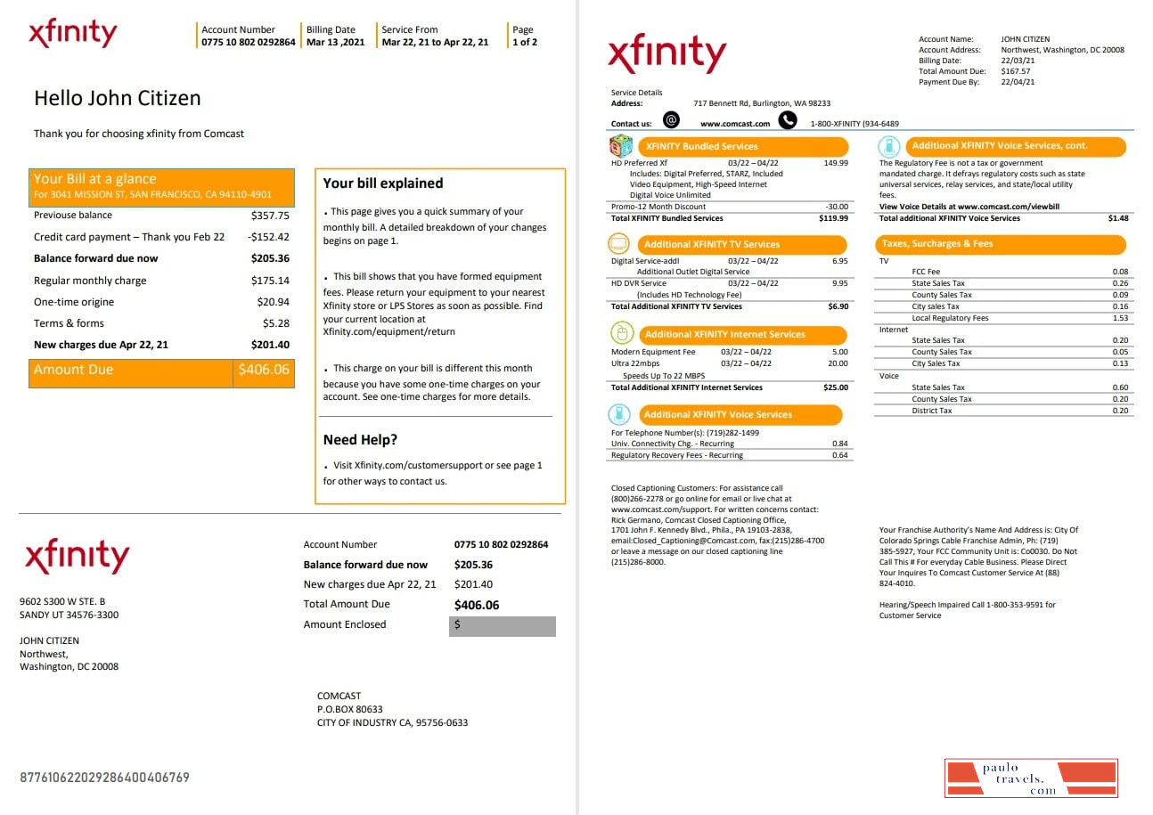 USA San Francisco Xfinity Comcast utility bill template in Word and PDF ...