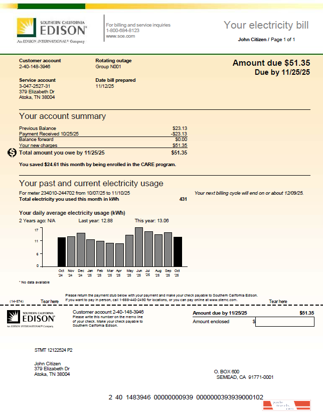 USA Southern California Edison utility bill template in Word and PDF ...