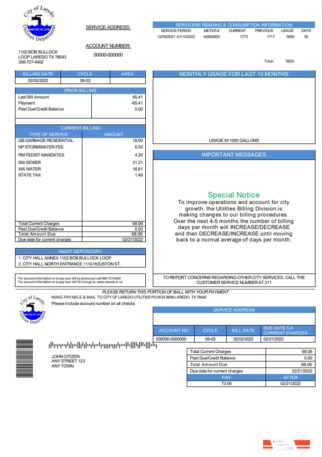 USA Texas City of Laredo Utilities Department water utility bill ...