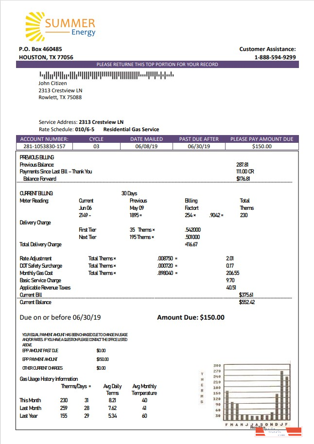 USA Texas Summer Energy easy fillable utility bill template in Word and ...