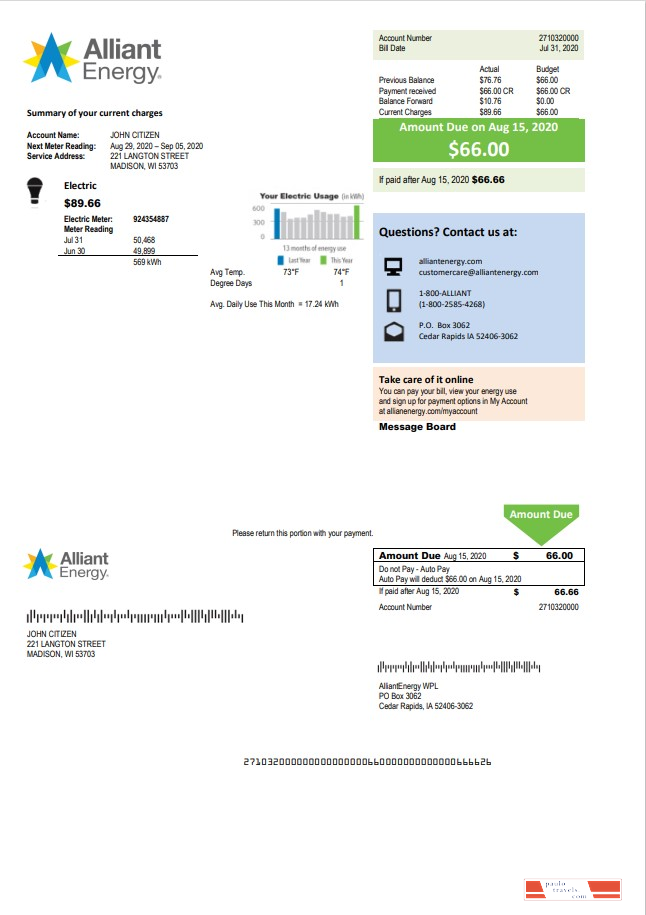 USA Wisconsin Alliant Energy electricity utility bill template in Word ...