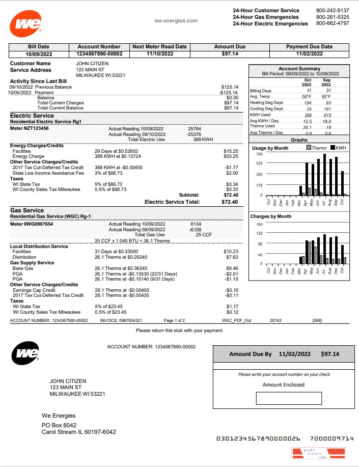 USA Wisconsin We Energies electricity utility bill template in Word and ...