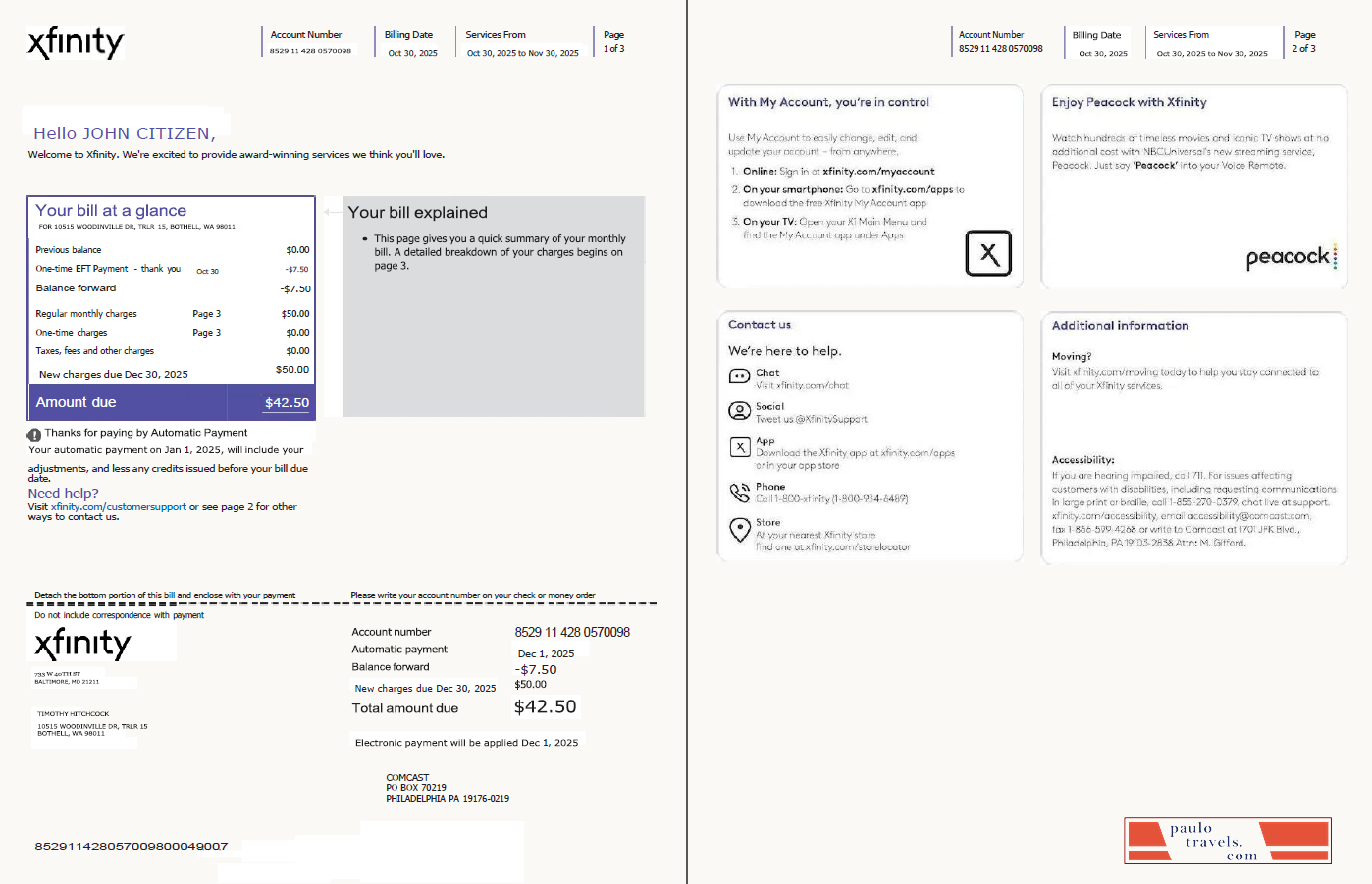 USA Xfinity utility bill template in Word and PDF formats, 3 pages ...